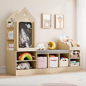 MU Kids Bookshelf with Reading Nook, Wooden Toy Storage Organizer with Chalkboard and Bench, Kids Reading Nook for Boys & Girls, Toddler Toy Shelf for Bedroom, Nursery, Playroom, Natural Oak