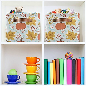 Fall Pumpkin Storage Basket Fabric Storage Bin Laundry Baskets Autumn Maple Leaves Foldable Storage Boxes Organizer Bag for Baby Cloth Dog Toy Book Storage Cubes Shelf Closet Basket 16×12×8 Inches