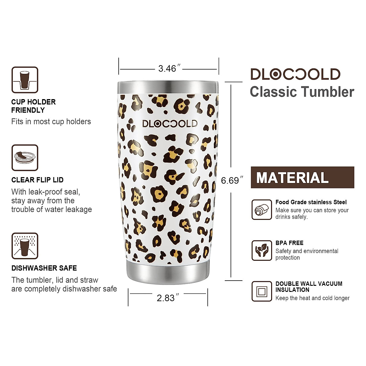 DLOCCOLD 20 oz Leopard Tumbler with Lid and Straw, 18/8 Stainless Steel Vacuum Insulated Tumbler,Insulated Travel Mug Water Cup with Leak-Proof Flip Lid,Metal Straw,Cleaning Brush & Gift Box