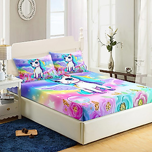 XYNHML Kid Unicorn Fitted Sheet Set Twin Size Rainbow Flower Star Pattern Kid Bed Sheet Cute Unicorn Butterfly Bedding Set for Boys Girls Includes 1 Fitted Sheets & 2 Pillowcases No Flat Sheet