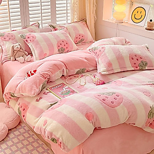 OranFran Pink Strawberry Kids Duvet Cover Set Queen Cute Kawaii Bedding Set Snowflake Fluffy Comforter Cover Blanket Soft Reversible Duvet Cover Room Decor (Strawberry,Queen)