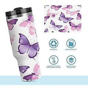 FRCSDIY Butterfly Insulated Tumbler with Handle and Straw Lid,40oz Leakproof Stainless Steel Cup BPA-Free Water Bottle