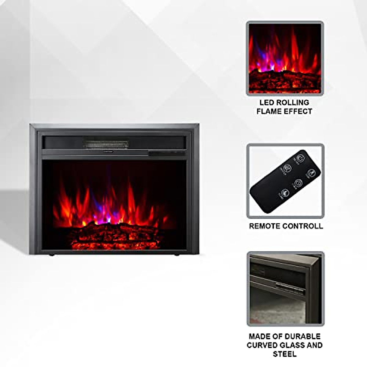 XBrand 32 Inch Long Black Curved Glass and Steel Indoor Insert Electric Fireplace Heater with Remote Control, LED Rolling Flame Effect, and Temperature Limiting Control