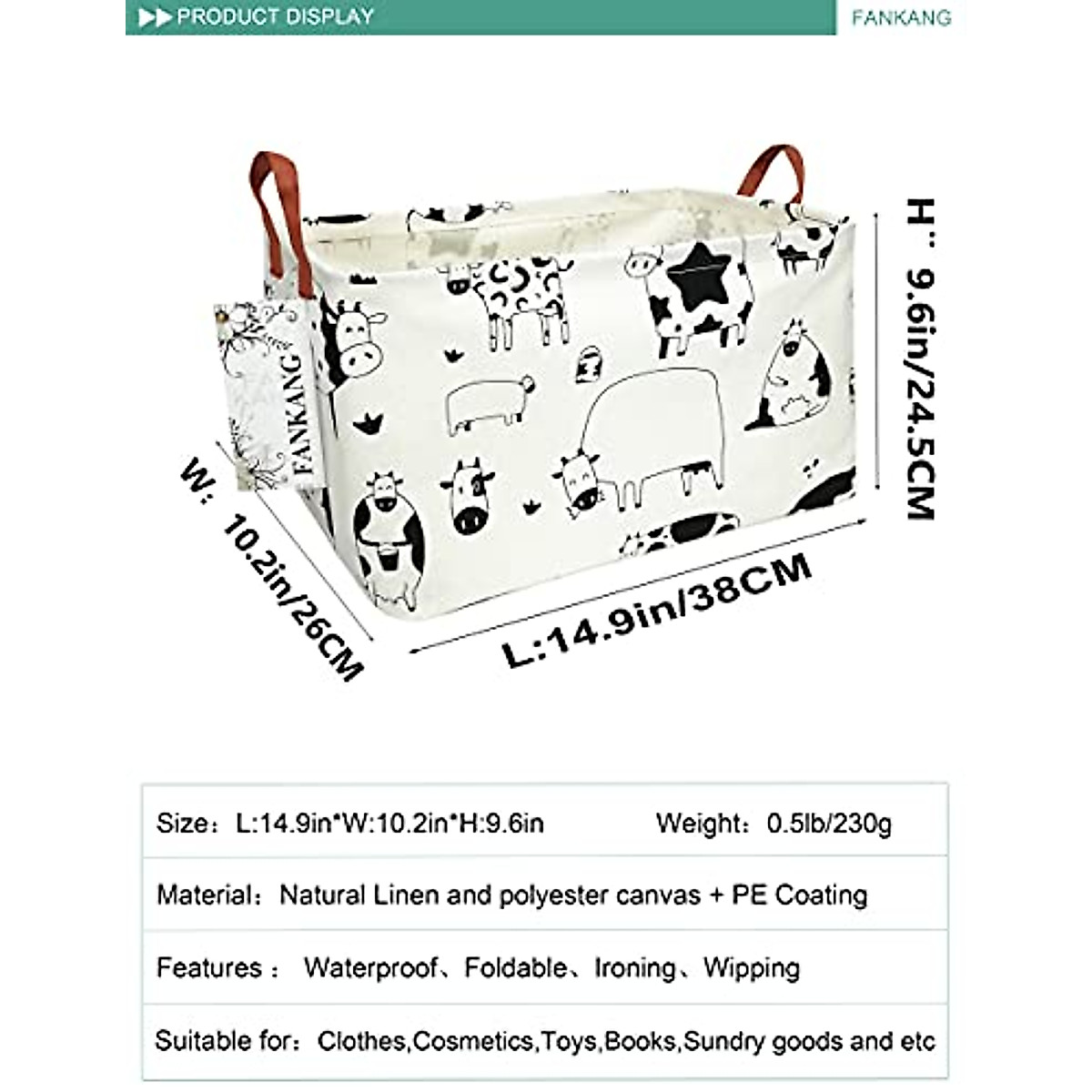 FANKANG Storage Basket,Nursery Hamper Canvas Laundry Basket Foldable with Waterproof PE Coating Storage, Office, Bedroom, Clothes,Toys(L, Rec-cows)