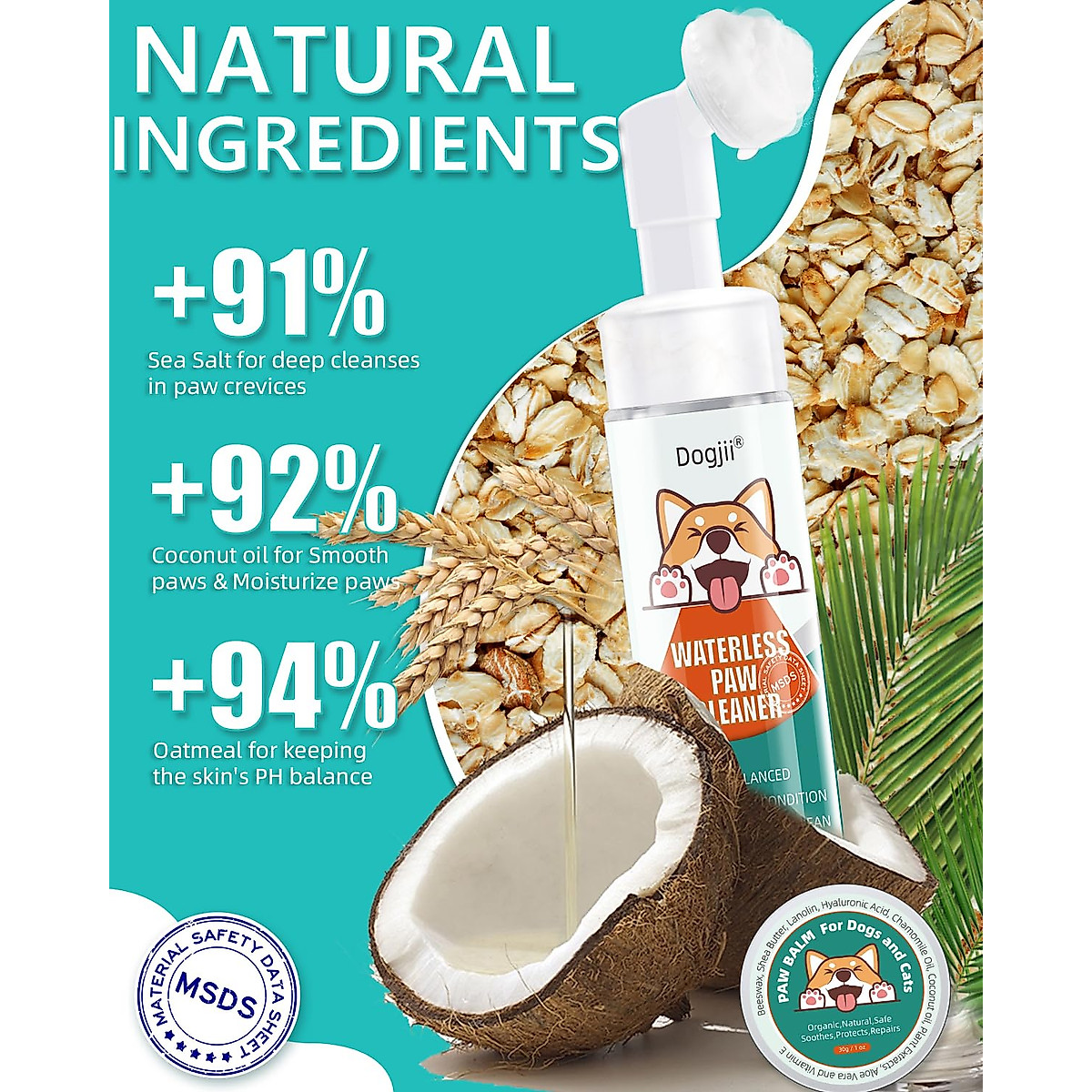 Dog Paw Care Kit | No-Rinse Paw Cleaner for Dogs & Cats (7 Fl Oz)| Paw Balm for Heal Dry Cracked Paws & Nose | Safe & Natural Foaming Feet Cleaner with Silicone Brush Dogs