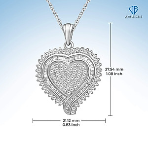 JEWELEXCESS Sterling Silver (.925) or 14K Gold over Silver Heart Necklace with 1.00 Carat White Diamonds | Jewelry for Women with Round & Baguette White Diamonds & 18 inch Rope Chain with Spring Clasp