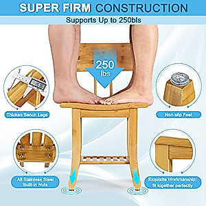 ETECHMART Bamboo Shower Bench with Back and Soap Dish, 2-Tier Shower Chair Bath Seat with Handle for Bathroom Bathtub Elderly Disabled, Waterproof Wood Spa Stool for Inside Shower Legs Shaving, Bamboo