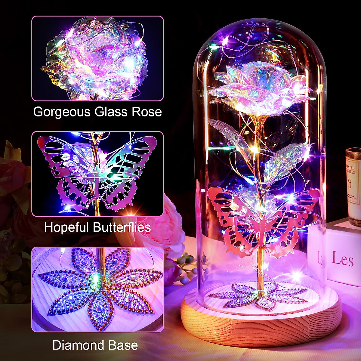 Beferr Gifts for Women Birthday Gifts Galaxy Rose Eternal Rainbow Flower Gifts Light Up Rose in Glass Dome Mothers Day Mom Rose Gifts for Grandma Daughter Wife Sister Friends