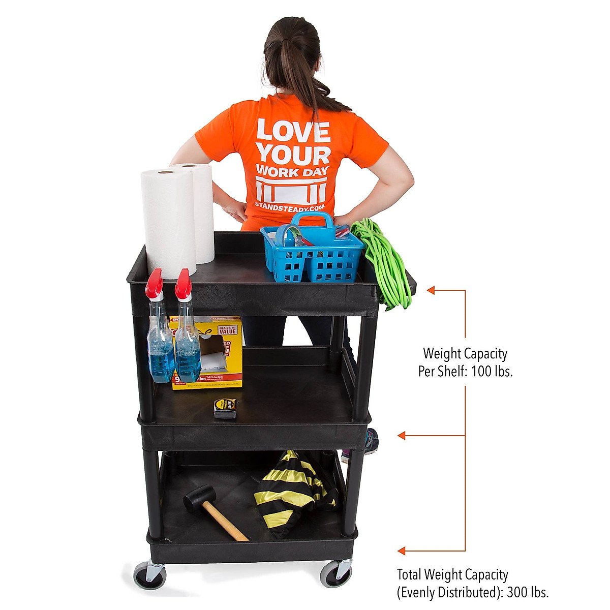 Tubstr Compact 3 Shelf Utility Cart | Heavy Duty Service Cart Supports up to 300 lbs! | Tub Cart with Deep Shelves | Great for Warehouse, Garage, Cleaning & More (3 Shelf/Black / 24 x 18)