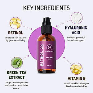 Eve Hansen Retinol Serum for Face 2% | (2oz) Facelift in a Bottle Wrinkle Filler Pore Minimizer Anti Aging Serum | Organic Retinol Anti Wrinkle Serum, Vitamin A Serum, Hyaluronic Acid