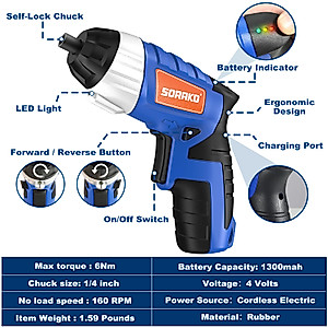Electric Screwdriver, SORAKO Cordless Screwdriver Rechargeable 4V Max, Power Screwdriver with LED Light, 1300mAh Battery Screwdriver 6 Nm 30 PCS Screw Gun Accessories for Home DIY, Car Repair