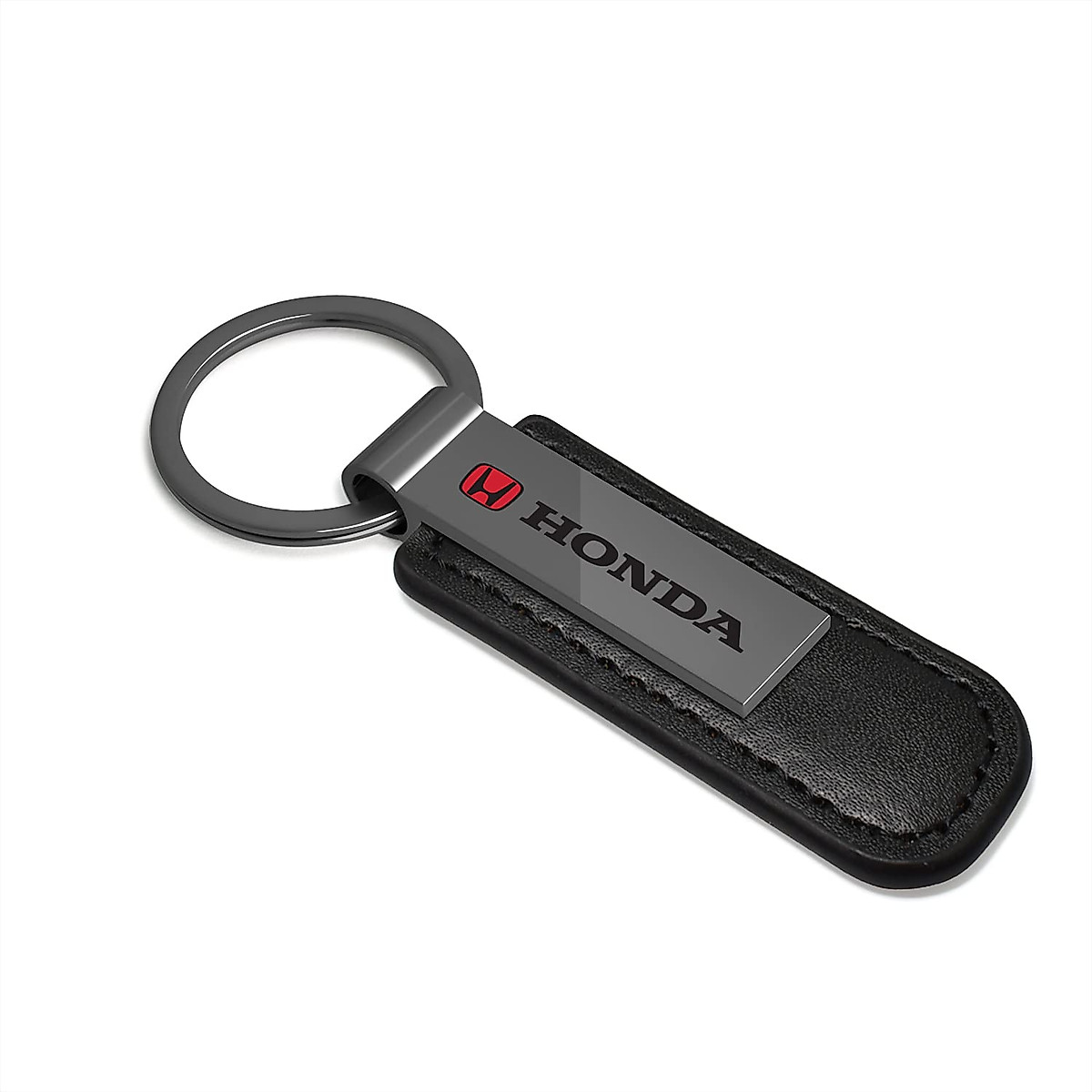 iPick Image for Honda Logo in Red Gunmetal Black Metal Plate PU Leather Strap Key Chain Keychain, Official Licensed