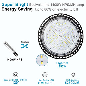 Lightdot 350W LED High Bay Light 52500lm (Eqv.1400W MH/HPS) LED High Bay Shop Light 5000K LED UFO High Bay for 30-55FT Height- 2Pack (Coverage:66~120ft at Height:30~55FT)