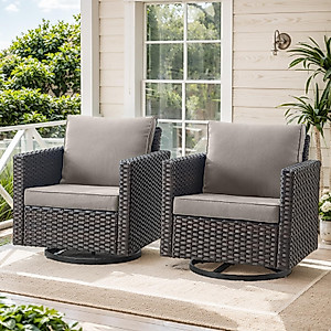 HUMMUH Patio Swivel Chairs Set of 2,PE Wicker Outdoor Rocker Chairs Bistro Set Porch Balcony Furniture with Cushions
