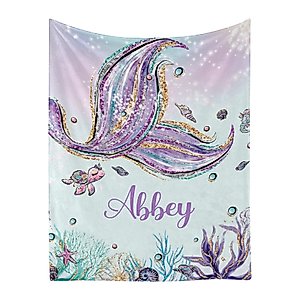 XOZOTY Print Mermaid Tail Purple Personalized Baby Blanket Swaddling with Name Nursery Fleece Throw Blankets for Newborns Boys Girls Kids Pet 30 X 40 Inch