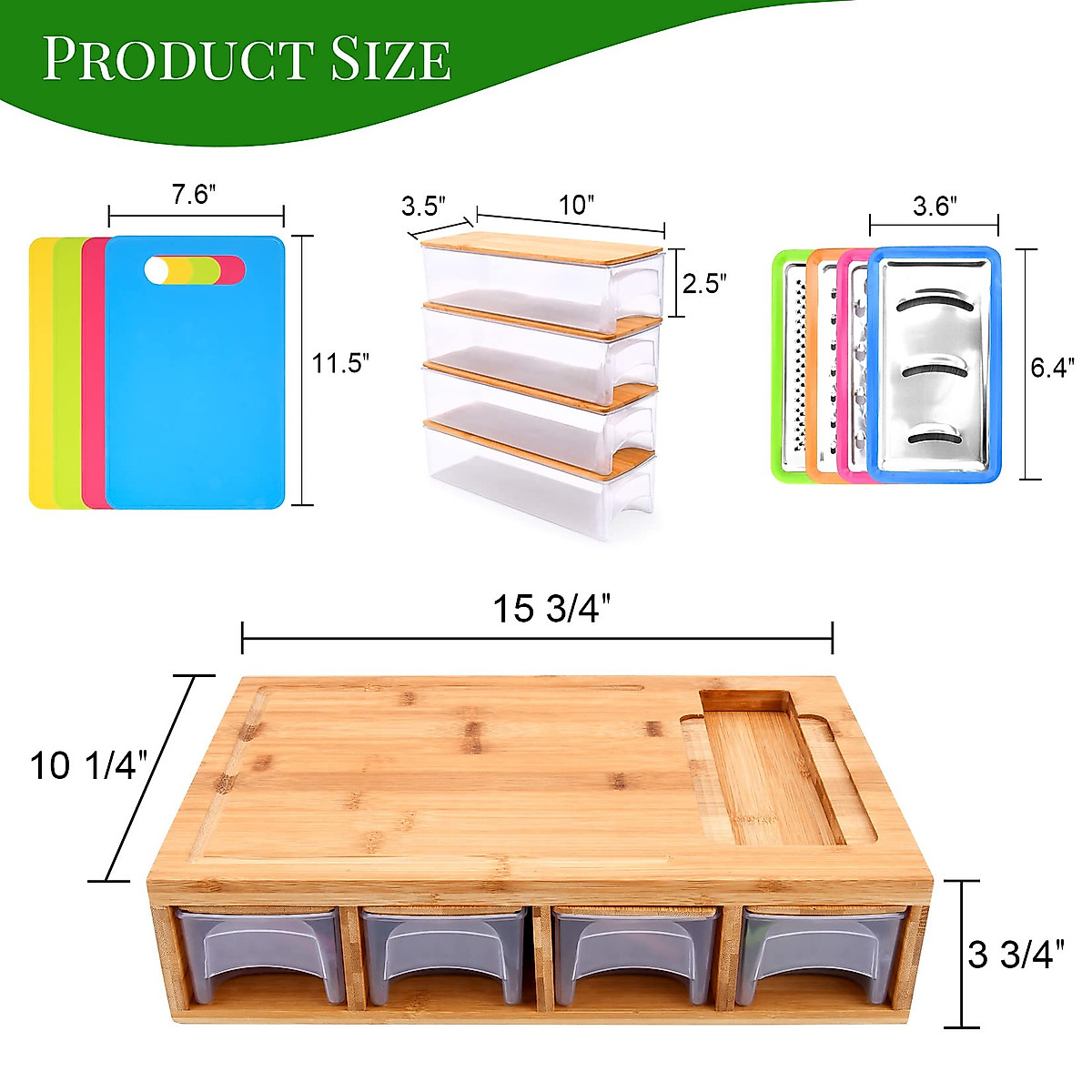 vchin Cutting Board with Containers, Lids, Graters, Large Bamboo Chopping Board with Juice Groove, Kitchen Meal Prep Station - Sturdy, Organized, Easy to Use and Clean