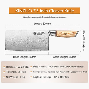 XINZUO 7.5 Inch Cleaver Knife,Composite Steel Chinese Chef Knife,Professional Butcher Knife 3 Layers Clad Steel,Sharp Kitchen Meat Vegetable Knife Stainless Steel Cooking Knife-Pakkawood Handle