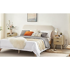 Mid-Century Modern 2-Drawer Nightstand with Charging Station and Natural Rattan Drawer Solid Wood End Side Table Bohemian Eclectic Mid-Century Finish