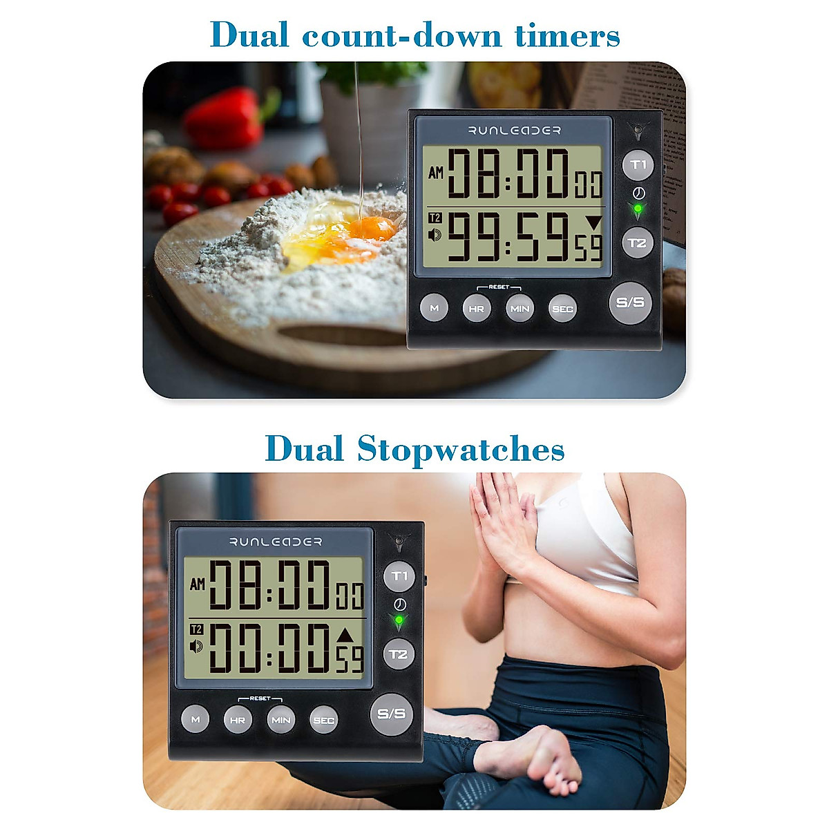 Runleader Kitchen Timer, Bakery Timer, Digital Display Cooking Timer Count Down/Count Up Timer with Magnetic Back,Independent Button,Aloud Alarm,for Cooking Learning Sport Office(Not Included battery)