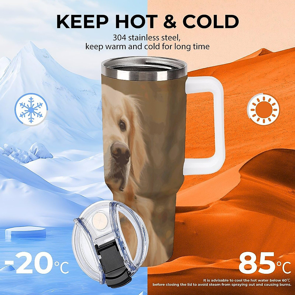 LLUTSNTH 40 Oz Vacuum Tumbler with White Handle Leakproof Insulated Tumbler Golden Retriever Stainless Steel Travel Mug with Lid And Straw Coffee Cup Cute Water Bottles Cup Holder Friendly