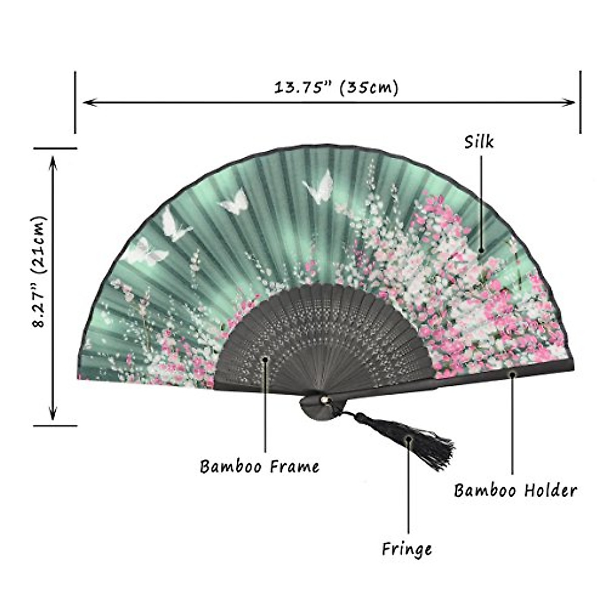 OMyTea® Women Hand Held Silk Folding Fan with Bamboo Frame - with a Fabric Sleeve for Protection for Gifts - Sakura Cherry Blossom Pattern (WZS-2)