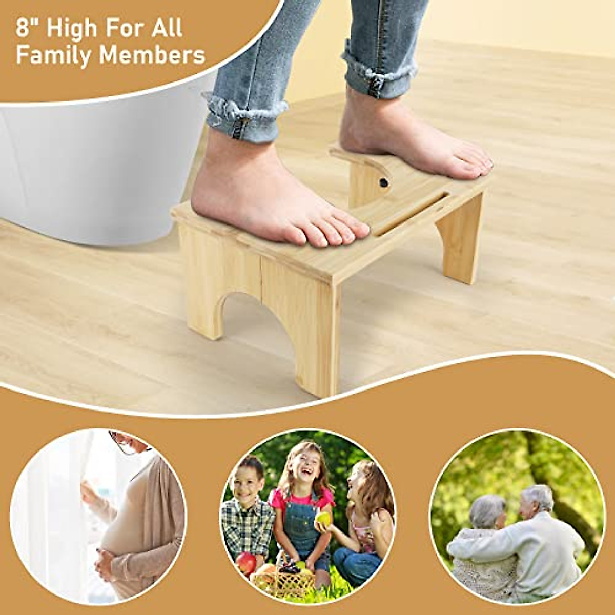 Toilet Stool, Folding Bamboo Squatting Stool for Adult and Kids, Waterproof and Non Slip Collapsible Poop Stool for Bathroom