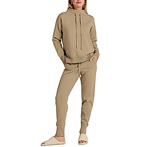 ANRABESS Women Two Piece Outfits Turtleneck Pullover Top Cozy Knit Sweater Pants Lounge Set 2024 Fall Sweatsuit Sweatsuits Khaki Medium