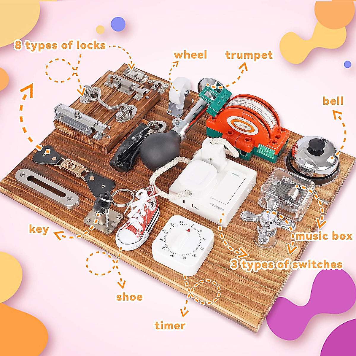 Busy Board for Toddlers Wooden Montessori Toys,Travel Toy Sensory Board Activity Board for Fine Motor Skills, Educational Learning Toy for 3 Year Old Boys & Girls with Locks,Latches,Keys, Music Board