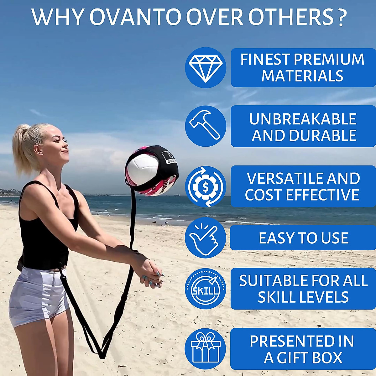 OVANTO Volleyball Training Equipment Aid – Solo Adjustable Volleyball Equipment in 4 Styles to Serve, Spike, Set and Pass Like a Pro - Gift for Beginners & Experts