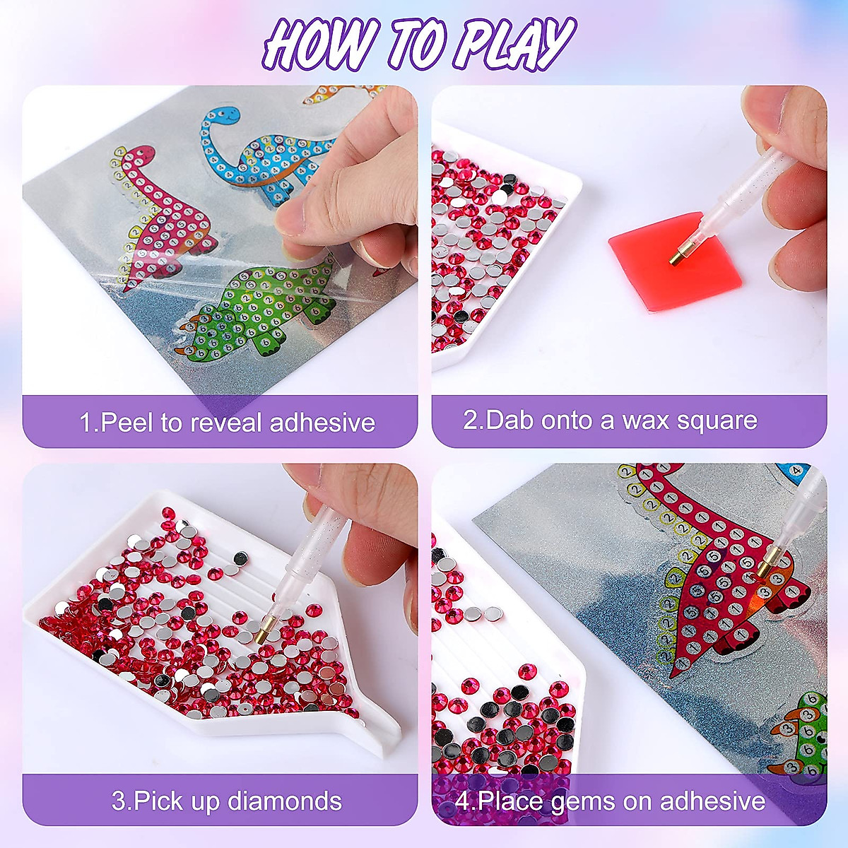 MEIEST Gem Diamond Painting Kits for Kids,24 PCS Fun DIY Mosaic Stickers by Numbers Kits,4 PCS Sparkly Suncatchers Creative Arts and Crafts Set and Handmade Gift(Sweets + Magical)