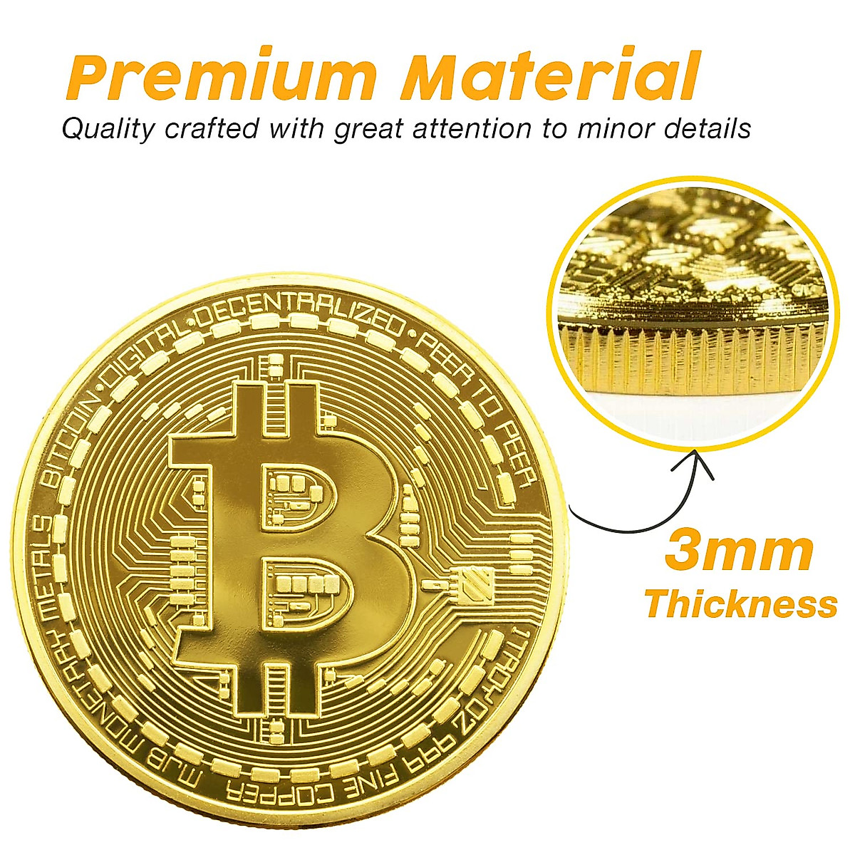 Naturiway 1Pcs Bitcoin Coin, Bitcoin Commemorative Coin 24K Gold Plated, 3mm BTC Cryptocurrency, Collectible Coin with Protective Case, Blockchain Cryptocurrency, Home and Office Decoration