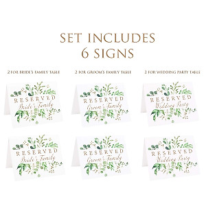 Reserved Wedding Table Sign | Set of 6 Watercolor White and Gold with Eucalyptus Greenery Signs Including Seating for Bride's Family Groom's Family and Wedding Party | Freestanding Double Sided