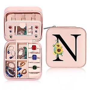 Parima Travel Gifts for Women Girls, Small Jewelry Box | Travel Jewelry Case Jewelry Organizer Box | Travel Jewelry Box | Travel Essentials Jewelry Case | Sunflower Gifts for Women - Letter N, Pink