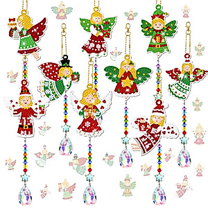 Huwena 9 Pcs Christmas Diamond Art Suncatcher Double Sided Diamond Art Suncatcher Diamond Art Kit Diamond Ornament Diamond Wind Chime for Adults Kid DIY(Angel)