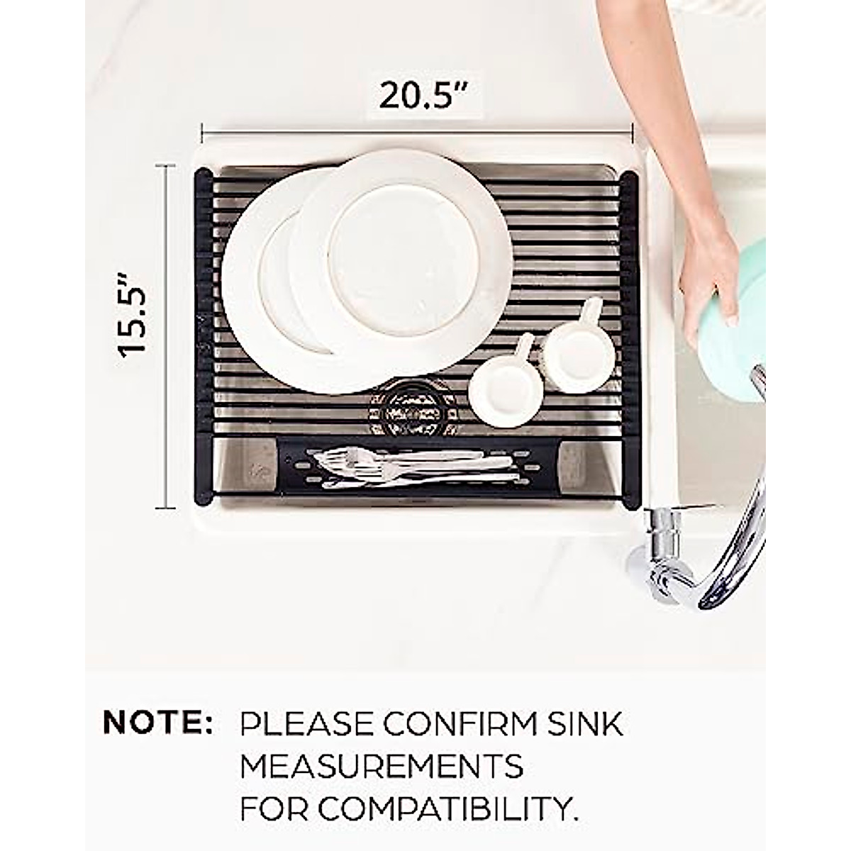 Large Dish Drying Rack for Kitchen Sink - Over Sink Dish Drying Rack to Dry Dishes & Drain Items - Modern & Stylish Dish Rack Set with Extra Side Tray - Space-Saving Roll-Up Counter Drainboard - Black