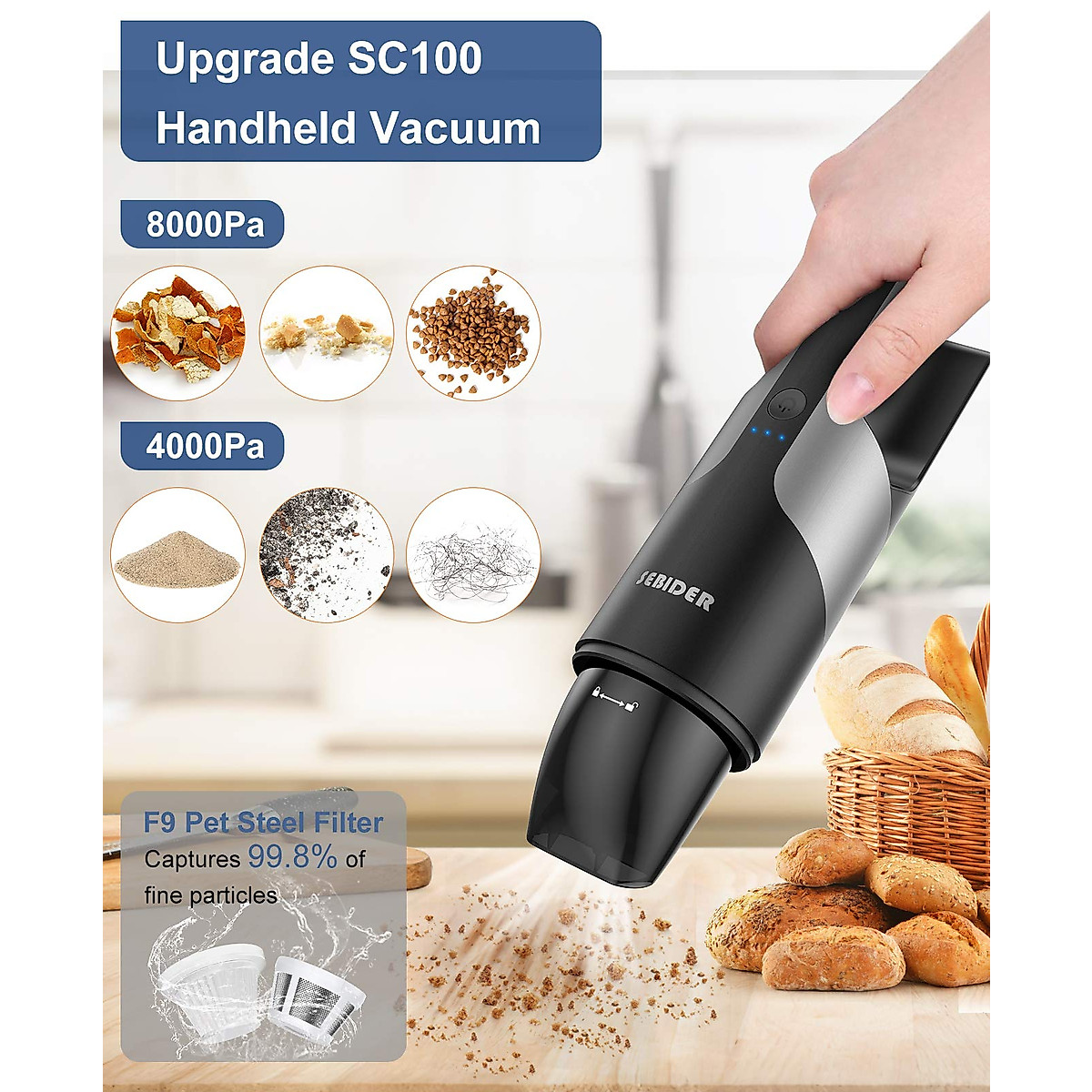 SEBIDER Handheld Vacuum Cleaner 8000Pa Cordless Hand Mini Car Vacuum Rechargeable Portable Vac for Pet Hair, Home, Carpet, Car Cleaning(Black Gray)