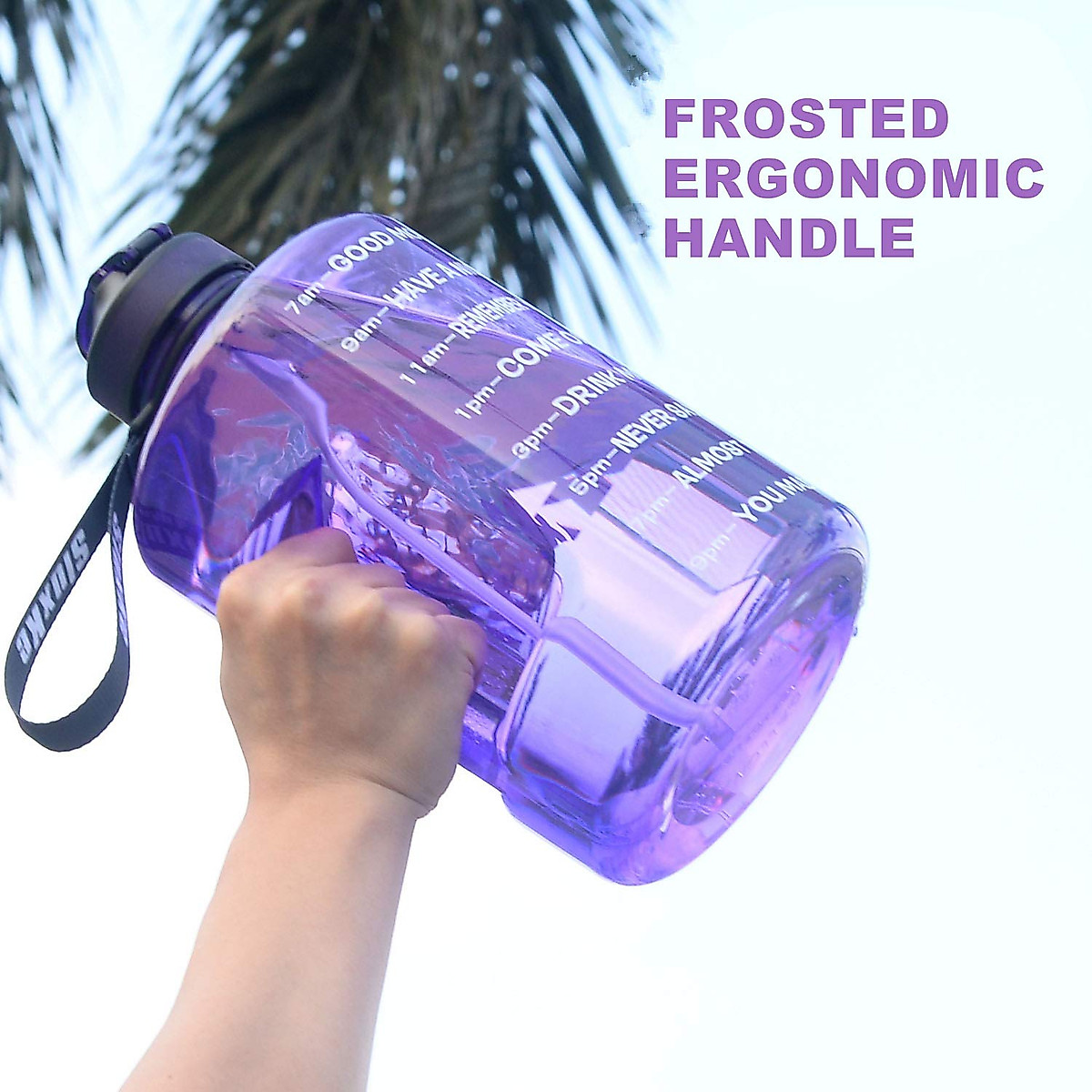 SLUXKE 1 Gallon Water Bottle with Straw Cleaning Brush, BPA Free 128oz Leak Proof Big Water Bottle Jug with Handle and Time Marker, One Click Open Wide Mouth Sports Huge Bottle Jug Light Purple