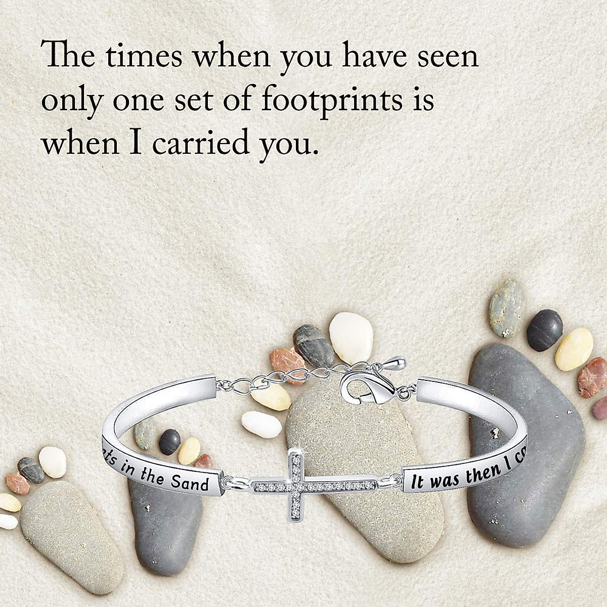 KUIYAI Footprints in The Sand Prayer Cross Bracelet Beautiful Poems Quote When You Saw Only One Set of Footprints It was Then That I Carried You Religious Jewelry Christian Gift (Silver Bracalet)