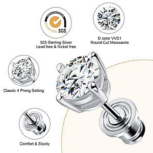 Ladylike Moissanite Stud Earrings White Gold Plated 925 Sterling Silver Earring 0.6ct-4ct D Color VVS1 Brilliant Round Cut Lab Created Diamond Moissanite Earrings for Women Men (total 1.0 carats)