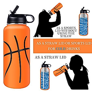 LaiChary 32oz Wide Mouth Basketball Water Bottle with Two Lids(Straw, Handle Lid), 18/8 Stainless Steel Vacuum Insulated for Travel & Sport Cup. (Basketball Brown, 32oz)