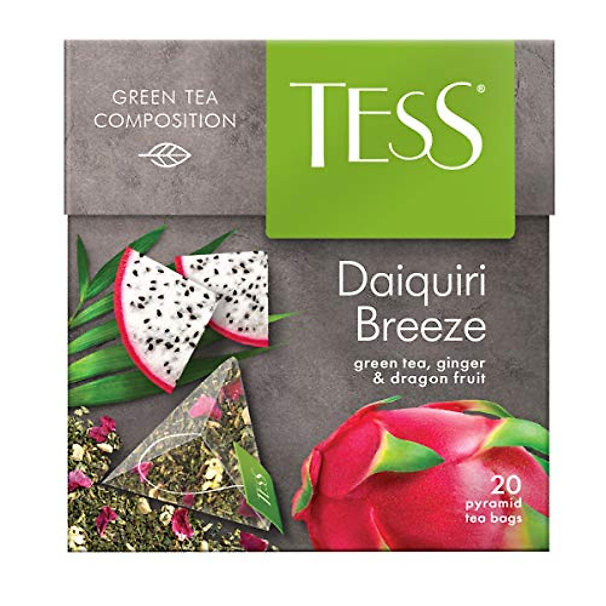 Tess Daiquiri Breeze Green Tea Composition Green Tea, Ginger and Dragon Fruit Leaf Tea in 20 Pyramid Sachets