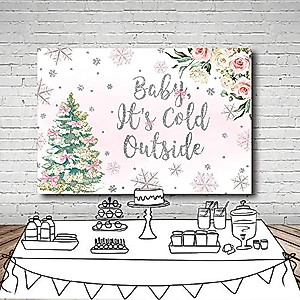 MEHOFOND Baby It's Cold Outside Backdrop Girl Baby Shower Party Decorations Silver Snowflake Winter Wonderland Photo Booth Banner Christmas Tree White Blush Pink Floral Background 7x5ft