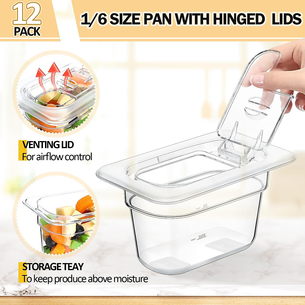 Geetery 12 Pack 1/9 Size 4'' Deep Polycarbonate Food Pan with Lid Clear Stackable Plastic Pan Restaurant Food Storage Containers with Hinged Lids for Salad Bar Hotel Supplies