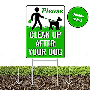 Signs Authority Clean Up After Your Dog Signs 12"x9" with Metal H-Stake | No Poop Signs for Lawn No Pooping Dog Signs For Yard | Pick Up After Your Dog Sign with Stake | Clean After Your Dog Sign
