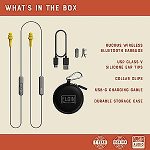 Elgin Ruckus Wireless Bluetooth Earplug Headphones, 25 dB Noise Reduction Ear Plug Earbuds, Noise Cancelling Mic, 12 Hour Battery, IP65 sweatproof, OSHA Compliant Hearing Protection, Work Safety