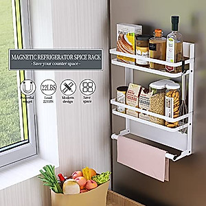 PINNIYOU Magnetic Spice Rack, Magnetic Shelf with Paper Towel Holder and 4 Hooks for Refrigerator, 3 Tier Magnetic Fridge Organizer for Kitchen Storage Spices, Pepper, White