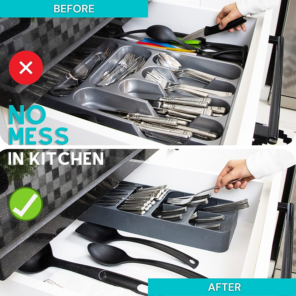 SAVUK Silverware Organizer, Compact Cutlery Organizer, Large Kitchen Drawer Utensil Divider Tray, Small Silverware Holder Spoon Fork Flatware Storage, 9 Section (Large Cutlery Organizer)