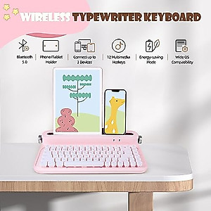 PolaTab ACTTO Retro Bluetooth Wireless Keyboard, 84 Keys Typewriter Style Keyboard with Built-in Stand for iPad, Tablet, iPhone, Smart Phone, PC, Connect up to 3 Devices (B305, Baby Pink)