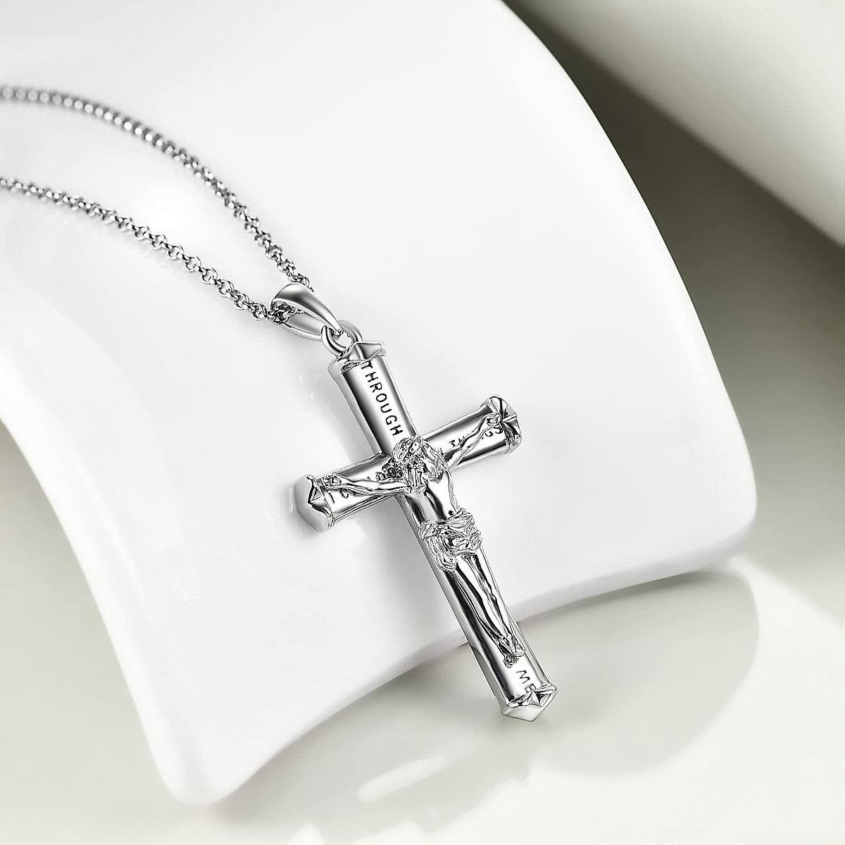 POPLYKE Crucifix Necklace for Men 925 Sterling Silver Jesus Cross Necklace for Women Philippians 4:13 I Can Do All The Things Inspirational Necklace Christian Jewelry for Men 20+2''