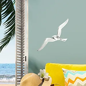 WHW Whole House Worlds Americana Flying Sea Gull Wall Sculpture, Handcrafted, Cast of Fine Silver Aluminum, 14 x 5 Inches (36 cmx 14 cm)